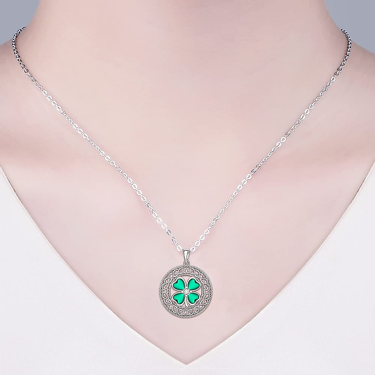 Shamrock Necklace St Patricks Day Necklace Four Leaf Clover Necklace for Women Sterling Silver Celtic Knot Irish Green 4 Leaf Clover Necklaces Jewelry Pendant Lucky Saint Patricks Gifts