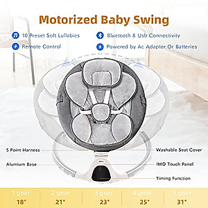 Baby Swings for Infants, Electric Portable Baby Swing for Newborn Baby, Bluetooth Touch Screen/Remote Control Timing Function 5 Swing Speeds 3 Seat Positions Baby Bouncer for Boy Girl Gray