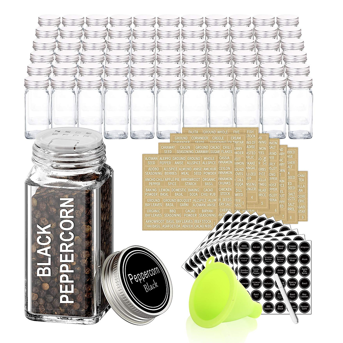 SWOMMOLY 66 Glass Spice Jars with 703 Spice Labels, Chalk Marker and Funnel Complete Set. 66 Square Glass Jars 4oz, Airtight Cap, Pour/sift Shaker Lid