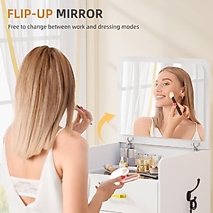 Gurexl 3 in 1 Vanity Desk with Plip Top Mirror,Small Make Up Vanity Set with Visible Glass Desktop,Compact Makeup Vanity with 3 Drawers,Cushioned Tool,Dressing Table for Bedroom