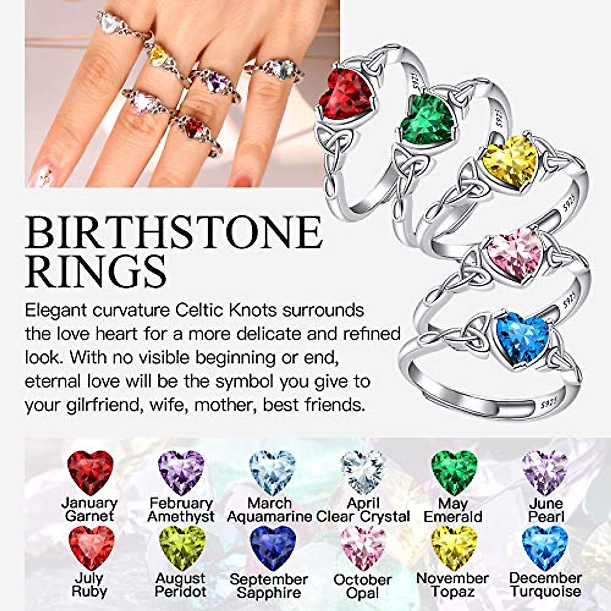 Suplight 925 Sterling Silver March Birthstone Rings Adjustable Aquamarine Celtic Knot Heart Rings for Women