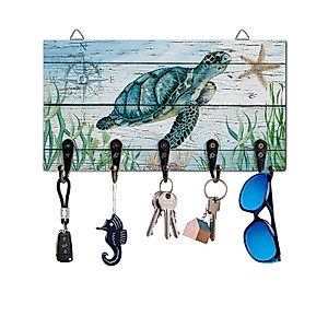 JasmineM Sea Turtle Ocean Key Holder for Wall Decorative, Wood Wall Mounted Key Rack with 5 Key Hooks, Keys Hanger Organizer for Entryway Hallway Office Home Decor, Rustic Wood Beach Starfish