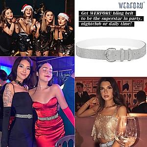 WERFORU Women Bling Rhinestone Soft Jeans Dress Belt Shiny Crystal Waist Belt with Silver Buckle, White,43.3" Length,Fit Size 32"-37"