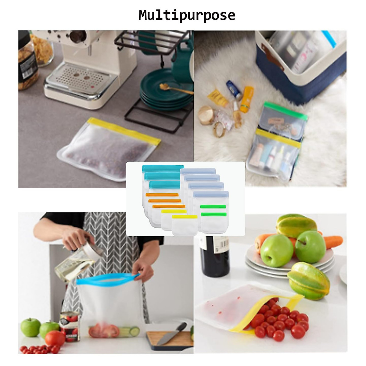 ZOHOJOV14 Food Storage Bags,BPA FREE Freezer Bags,reusable zip lock bags,Extra Thick Leak-proof Silicone Bags,for Marinate Meats, grains,sandwiches, family organizations, travel items（5 colors，4 sizes