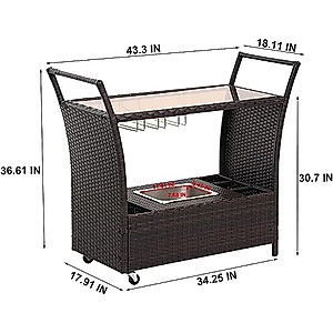Seogwisam Outdoor Rolling Wicker Bar Cart,Rattan Serving Cart with Removable Ice Bucket,Glass Countertop,Goblet Wine Glass Holders and Storage Compartments, Wicker Bar Cart for Pool, Party, Backyard