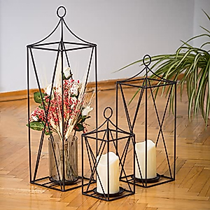 Set of 3 Tall Metal Lanterns 24’’ & 19’’ & 13’’ Elegant Decorative Lantern with Pillar Candle Holder, Garden Porch Night Indoor/Outdoor for Wedding Décor, Party, Christmas (Black)