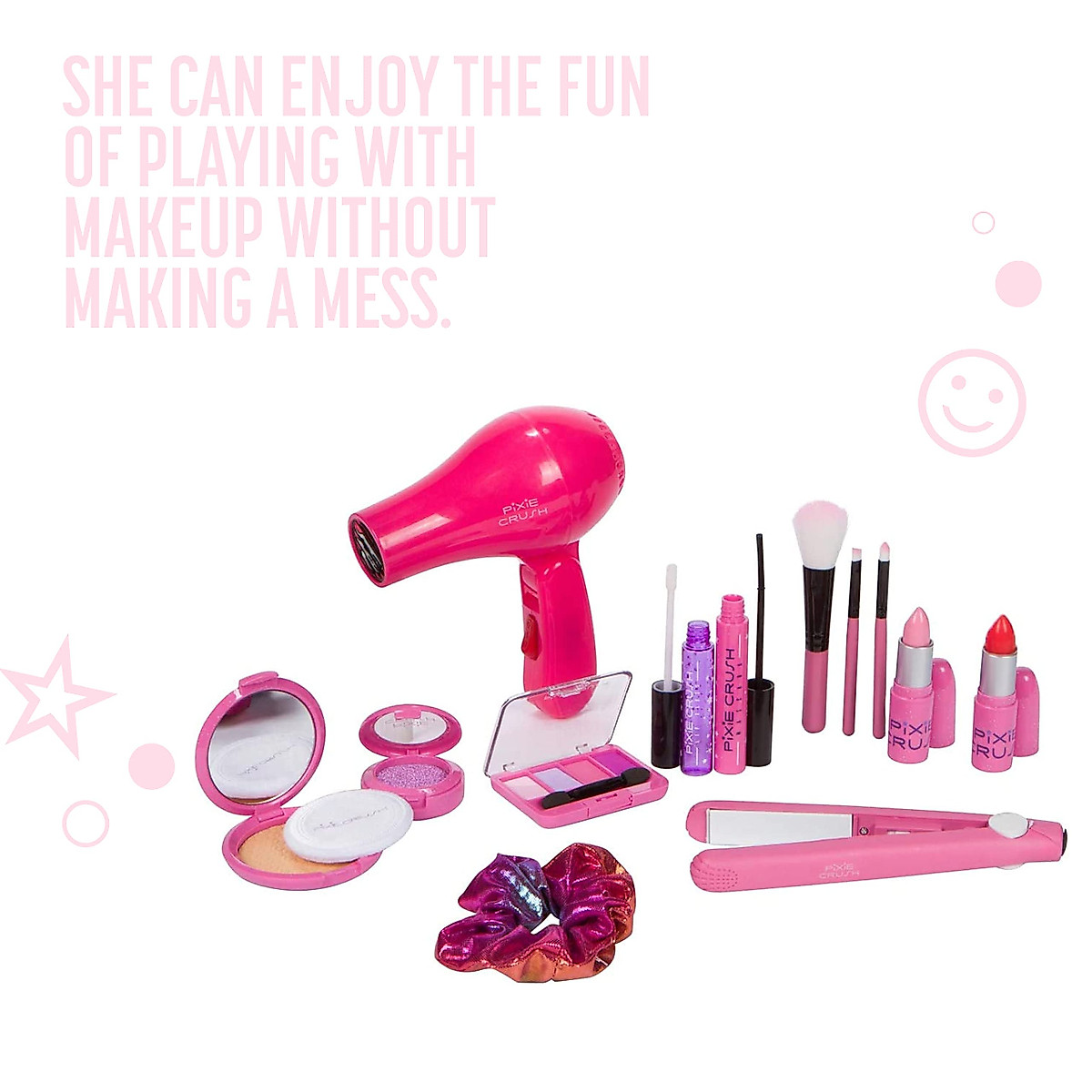 PixieCrush Kids Makeup Kit for Girls - with Pretend Hair Dryer and Flat Iron - Play Hair Styling Kit for Kids and Little Girls - Ages 3, 4, 5, 6, 7, 8, 9, 10 - Comes in a Pink Carrying Case