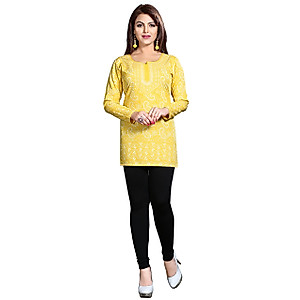 Maple Clothing Indian Kurti Top Tunic Printed Women's India Clothes (Yellow, 4XL)