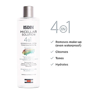 ISDIN Micellar Solution, 4 in 1 Makeup Remover, Cleanser, Hydrating Toner - Suitable for Sensitive Skin, 13.5 Fl. Oz