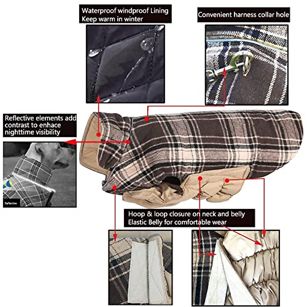 Sychien Dog Plaid Snow Jacket,Reflective Winter Warm Reversible Plaid Medium Coats,Christmas Thanksgiving Velcro Coats for Small Boy Girl Dogs,Khaki M