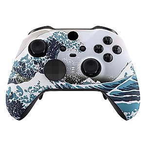 eXtremeRate The Great Wave Patterned Faceplate Cover, Soft Touch Front Housing Shell Case Replacement Kit for Xbox One Elite Series 2, Xbox Elite 2 Core Controller Model 1797 - Accent Rings Included