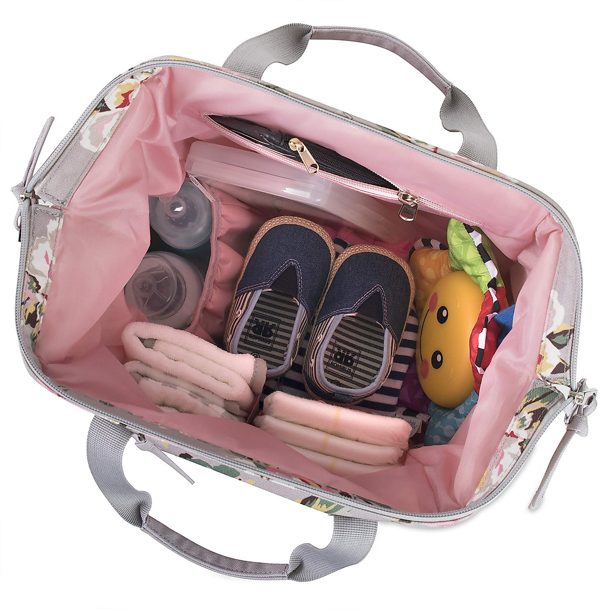 Wide Open Frame Diaper Bag Backpack and Nappy Travel Bag Tote with Changing Pad, Stroller Straps (Floral Frenzy)