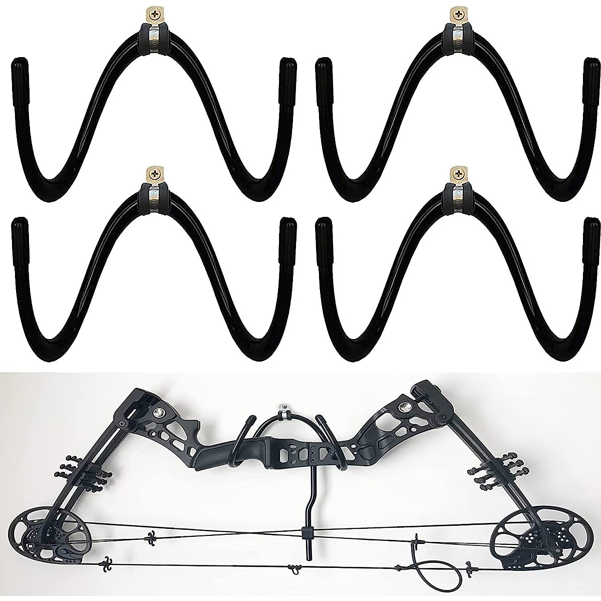 Pmsanzay 4 Pack Universal Bow Display Brackets Wall Hanger Hook Wall Mount Storage Rack to Display Your Bow - Sturdy Yet Flexible,Hold up to 20 Lbs - Easy to Install - Hold 4 Bow - No Bow
