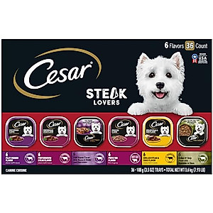 CESAR Adult Wet Dog Food Classic Loaf in Sauce Steak Lovers Variety Pack with Real Meat, 3.5 oz. Easy Peel Trays, Pack of 36