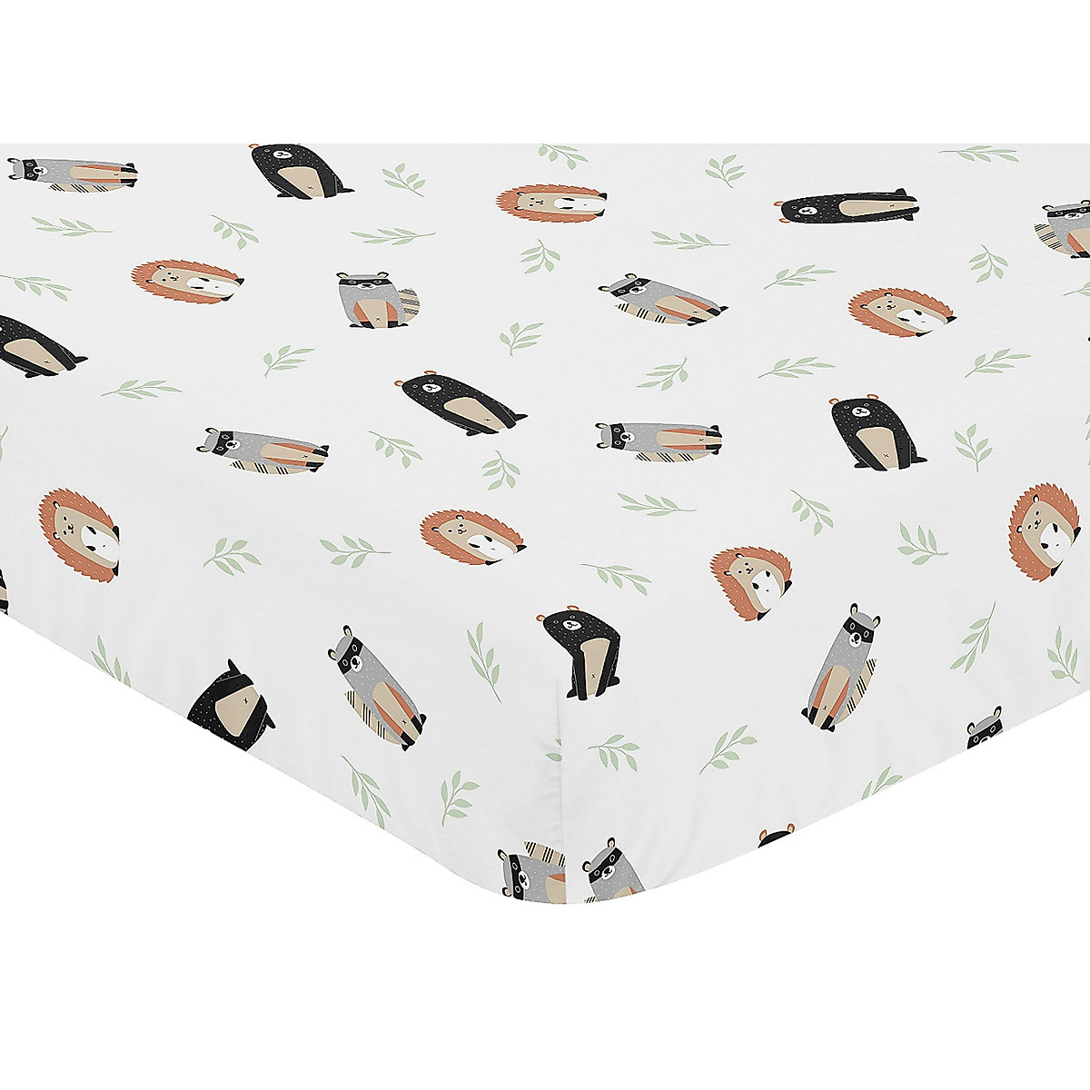 Sweet Jojo Designs Bear Raccoon Hedgehog Forest Animal Woodland Pals Baby Unisex Boy or Girl Nursery Crib Bedding Set - 4 Pieces - Neutral Beige, Green, Black and Grey