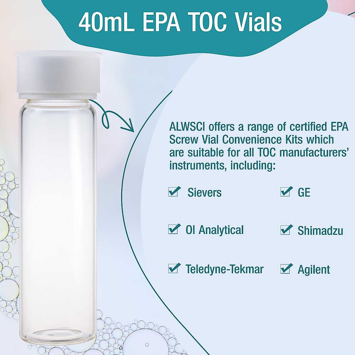 ALWSCI Borosilicate Clear Glass 40 ML EPA TOC Screw Neck Vial with White PP Screw Cap, Center Hole, PTFE Silicone Liner, Ultra-Clean, Case of 72