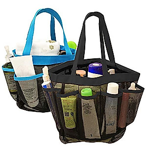 DanziX 2 Pack Portable Mesh Shower Caddy, Quick Dry Shower Tote Bag Hanging Toiletry Bath Organizer with 8 Storage Compartments for Shampoo, Soap and Other Bathroom Accessories - Black, Blue