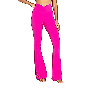 Sunzel Flare Leggings, Crossover Yoga Pants for Women with Tummy Control, High-Waisted and Wide Leg Hot Pink