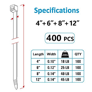 Zip Ties Assorted Sizes(4”+6”+8”+12”), 400 Pack, Black Cable Ties, UV Resistant Wire Ties by ANOSON