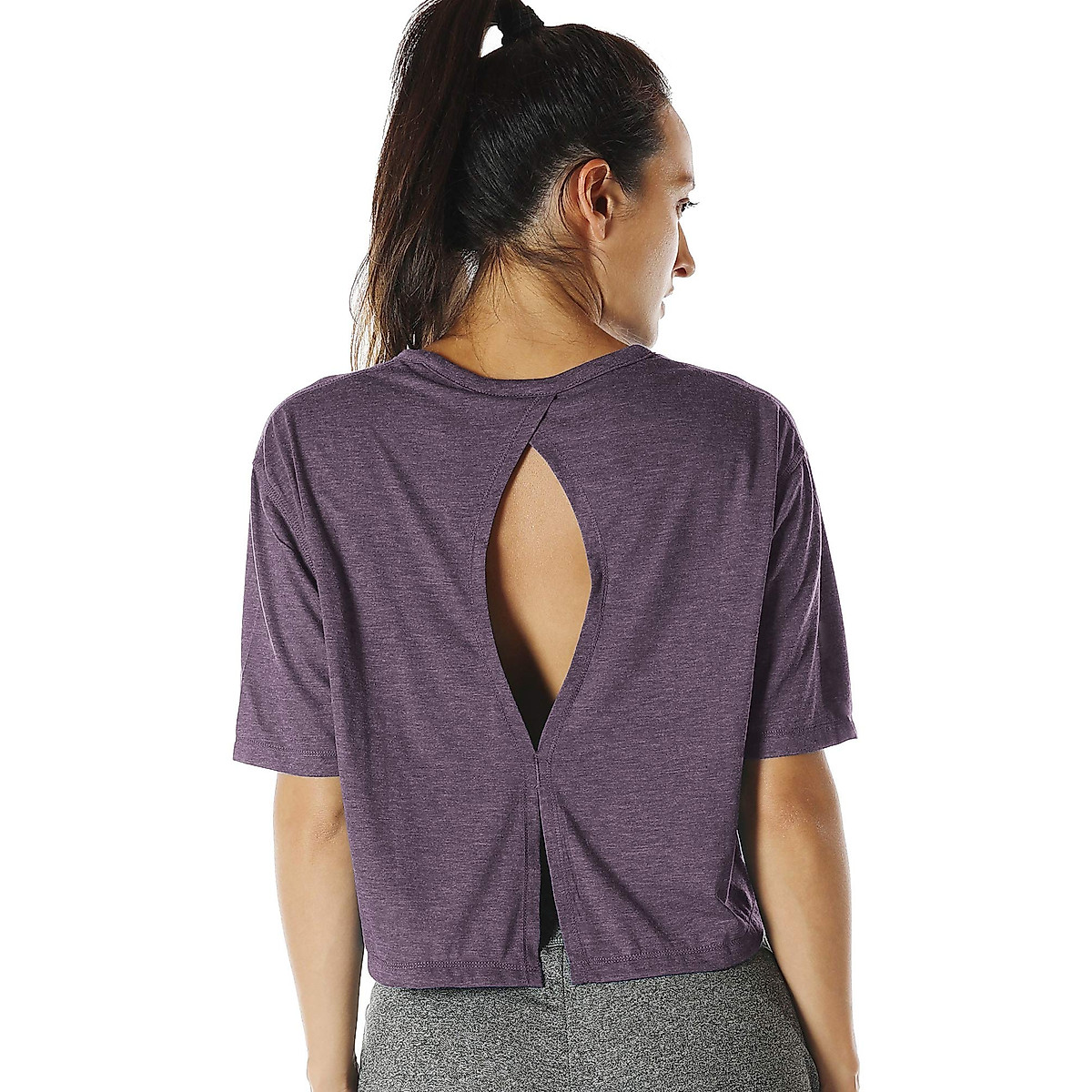 icyzone Open Back Workout Top Shirts - Yoga t-Shirts Activewear Exercise Crop Tops for Women (M, Plum Purple)