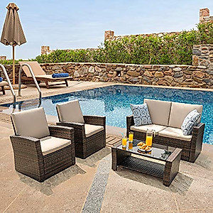 Walsunny Quality Outdoor Living,Outdoor Patio Furniture Sets,4 Piece Conversation Set Wicker Ratten Sectional Sofa with Seat Cushions (Brown)