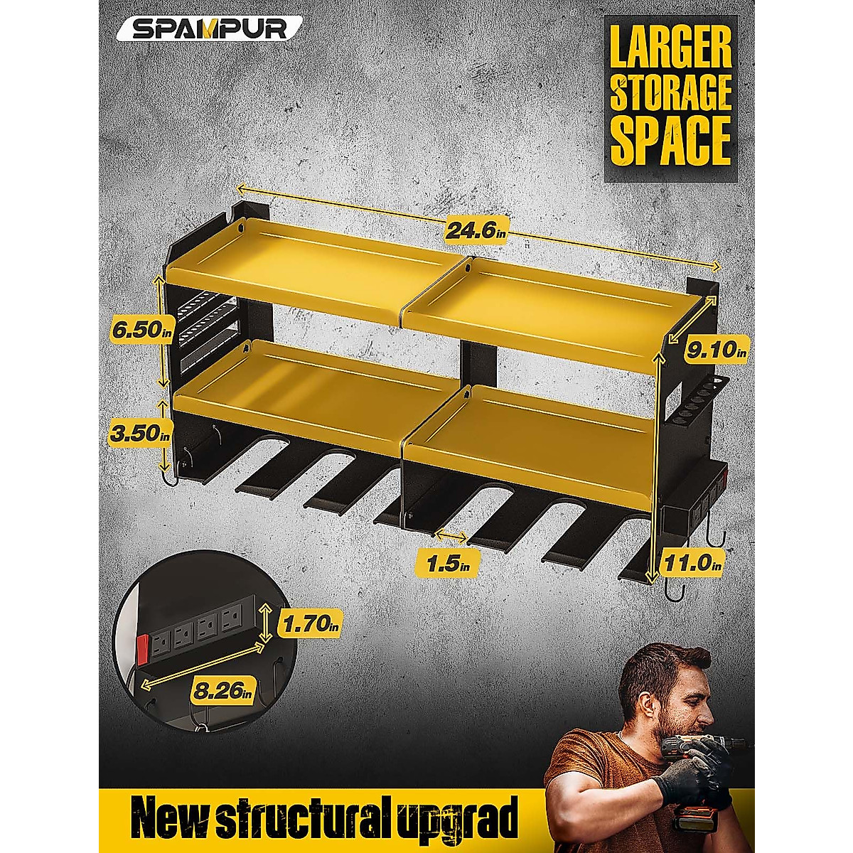 Spampur Power Tool Organizer Wall Mount with Charging Station, Garage Tool Shelf 6 Drill Holders, Tool Battery Holder with Screwdriver Heavy Duty Rack, Tool Storage Rack with 4 Outlet Power Strip