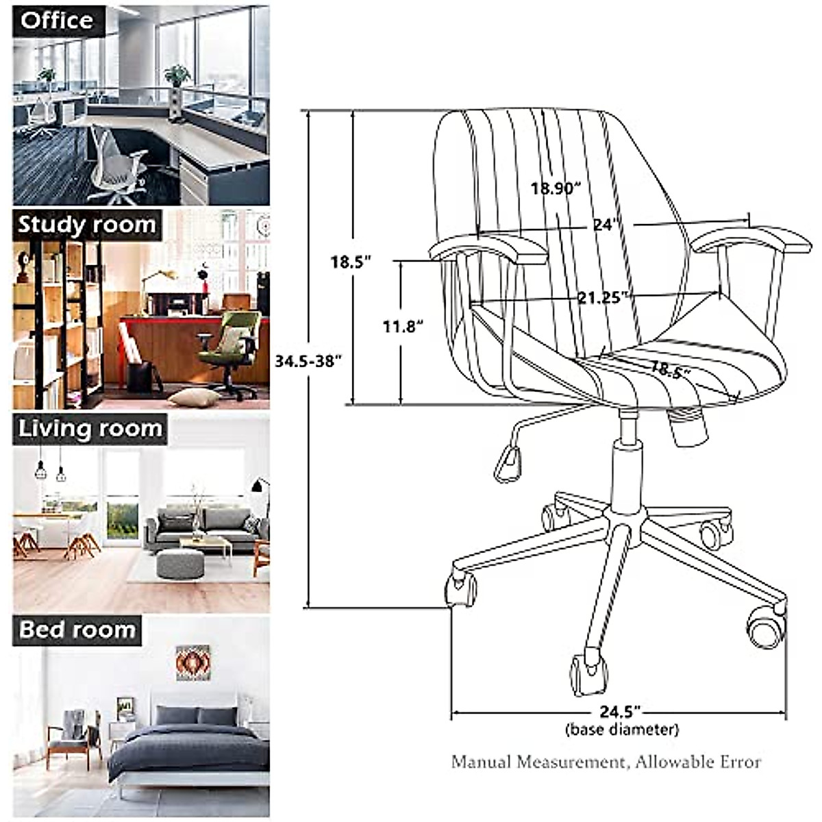 glitzhome Adjustable Mid-Back Home Office Chair, Thick PU Leather Padding for Comfort Ergonomic Design and Lumbar Support, Executive Swivel Desk/Task Chair with Arm,Cream
