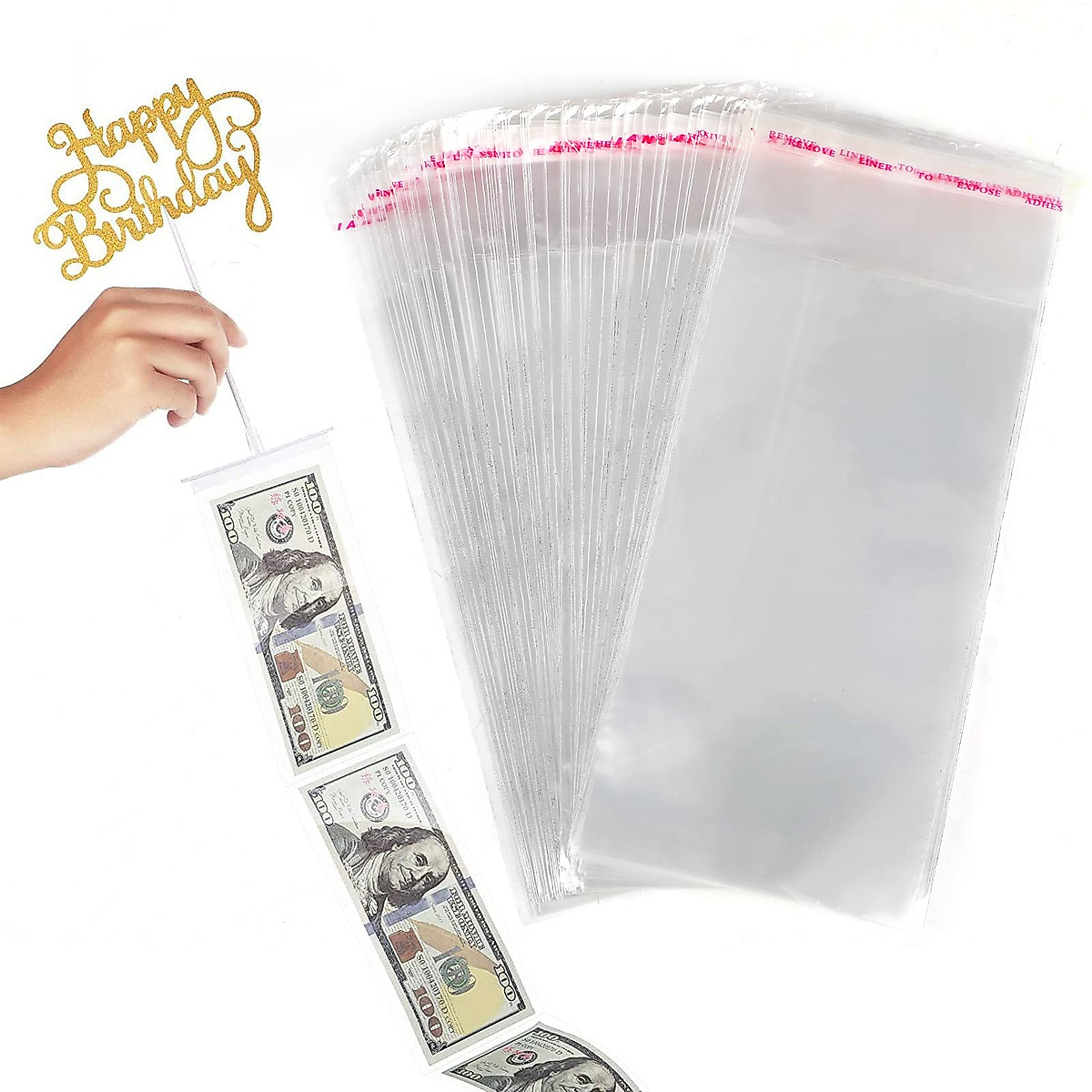 LOMIMOS 100pcs Cake Money Box Transparent Bag,Resealable Cellophane Adhesive Self-Sealing Clear Plastic Packing Bag for Birthday Wedding Party Decoration,3.1X7.5in