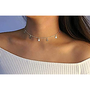Sora Tuki Silver Star Choker Necklace, 14inch Adjustable, Dainty Jewelry for Women & Teen Girls, 14K Gold Plated