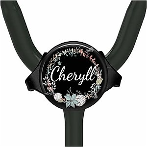 Personalized Stethoscope Name Tag - Flower Wreath Adjustable ID Label - You Choose Custom Fonts, Design Size and Decorative Frame - Floral Nurse, Doctor Gift