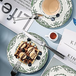 HomeElves Dinner Plates Set of 6, White Plates, Ceramic Kitchen Plates Microwave Safe Plates, 10.5 Inch Porcelain Dinner Plates Floral Plates, Green