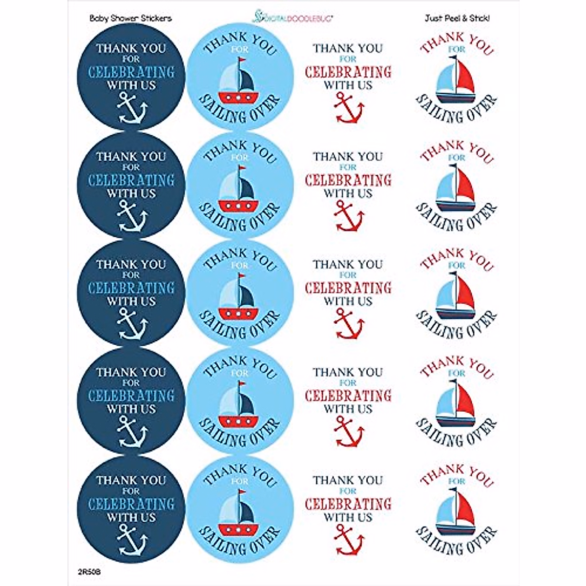 1.9 Inch Thank You Stickers Baby Shower Favor Nautical Boy 60 Labels Navy Blue Red