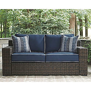 Signature Design by Ashley Grasson Lane Modern Farmhouse Outdoor Patio Loveseat, Brown & Blue