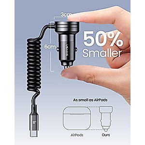 USB C Car Charger, 60W Super Fast Car Charger PD & QC 3.0 with 30W Type C Coiled Cable, Car Phone Charger for iPhone 15 Series/Samsung Galaxy S23-S21/iPhone 14-8/Google Pixel/LG/Android/iPad/MacBook