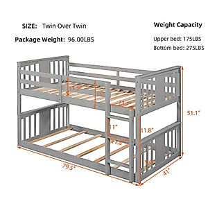 Merax Kids Bunk Bed Twin Over Twin, Wood Low Floor Bunkbed with Stairs Guardrail for Boys, Girls, Toddlers, No Box Spring Required, Grey