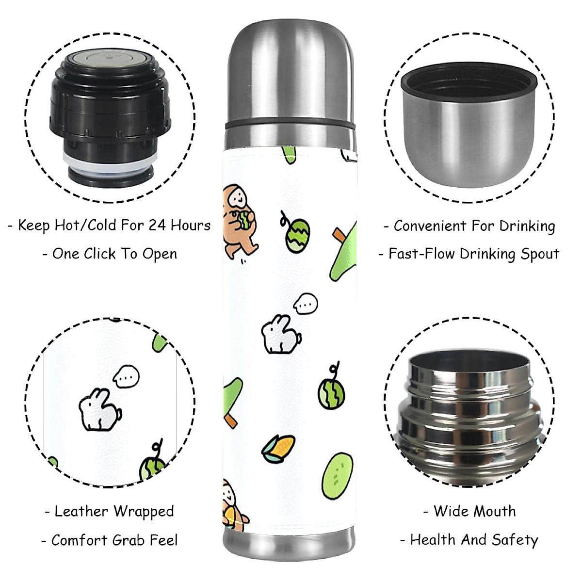 Stainless Steel Leather Vacuum Insulated Mug Monkey Thermos Water Bottle for Hot and Cold Drinks Kids Adults 16 Oz