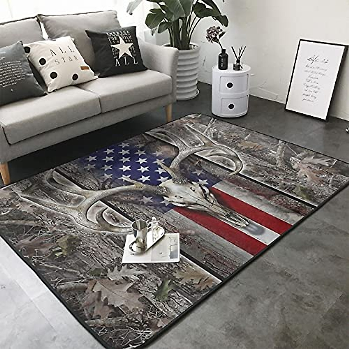 Gelingmei American Flag Wood Deer Skull Oak Camo Carpets Living Room Pad Rugs Bedroom Solid Home Modern Doormats Decorator Floor Area Rug Yoga Mat Throw Non-Slip Floor for Children Play