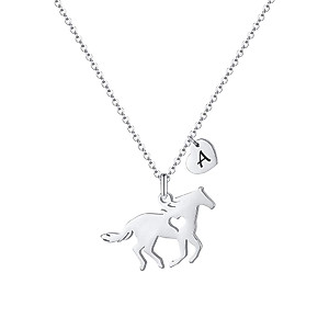 Horse Gifts for Girls Horse Necklace, Stainless Steel Heart A Initial Necklace Horse Necklace for Women Little Girls, Horse Necklace Jewelry Silver 26 Initial Letter Necklace for Girls Birthday Gifts