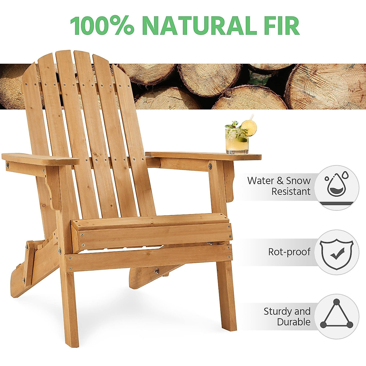 Topeakmart Set of 4 Folding Adirondack Chair Outdoor Weather Resistant Chairs for Patio Deck Garden, Backyard Deck, Fire Pit, Honey Brown
