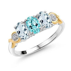 Gem Stone King 1.54 Ct Oval Blue Apatite Sky Blue Aquamarine 925 Silver and 10K Yellow Gold G-H Lab Grown Diamond Women Ring (Size 7)