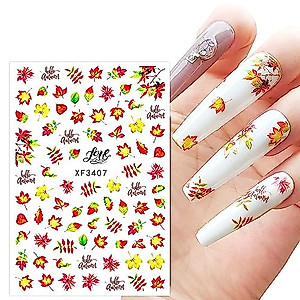 JMEOWIO 12 Sheets Fall Autumn Nail Art Stickers Decals Self-Adhesive Pegatinas Uñas Pumpkin Maple Leaf Thanksgiving Nail Supplies Nail Art Design Decoration Accessories