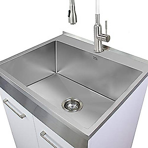 Transolid TCAB-2420-WS 24-in Laundry Cabinet Sink, Stainless Steel High Arc Faucet, and Basket, White