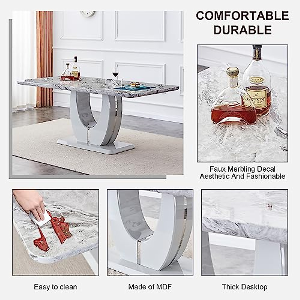 Goderfuu Marble Dining Table for 8 People - 71 inch Modern Kitchen Dining Room Table with Grey U-Base, Faux Marble Dining Table Pedestal Table Dinner Table, Large Marble Table for Dining Room