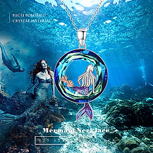 AOVEAO Mermaid Necklaces for Women Sterling Silver with Blue Circle Crystal Pendant Necklace Mermaid Starfish Choker Dainty Nautical Jewelry Gift For Friend