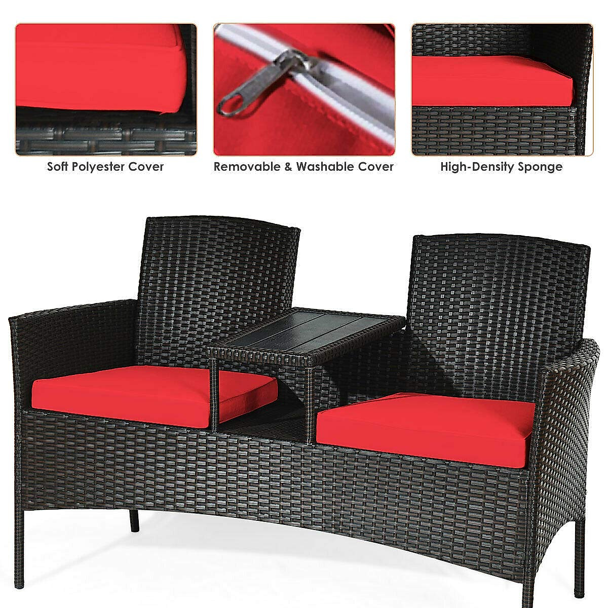RELAX4LIFE Conversation Furniture Set with Table and Two Removable Cushions Rattan Wicker Chairs and Table Set for Patio,Garden, Baloney and Lawn Outdoor Porch Furniture Sets Loveseat (Brown+Red)