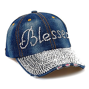Elonmo Letter Blessed Design Womens Baseball Cap Bling Hat Rhinestone Jean Adjustable Luky Hat Gift for Her Blue