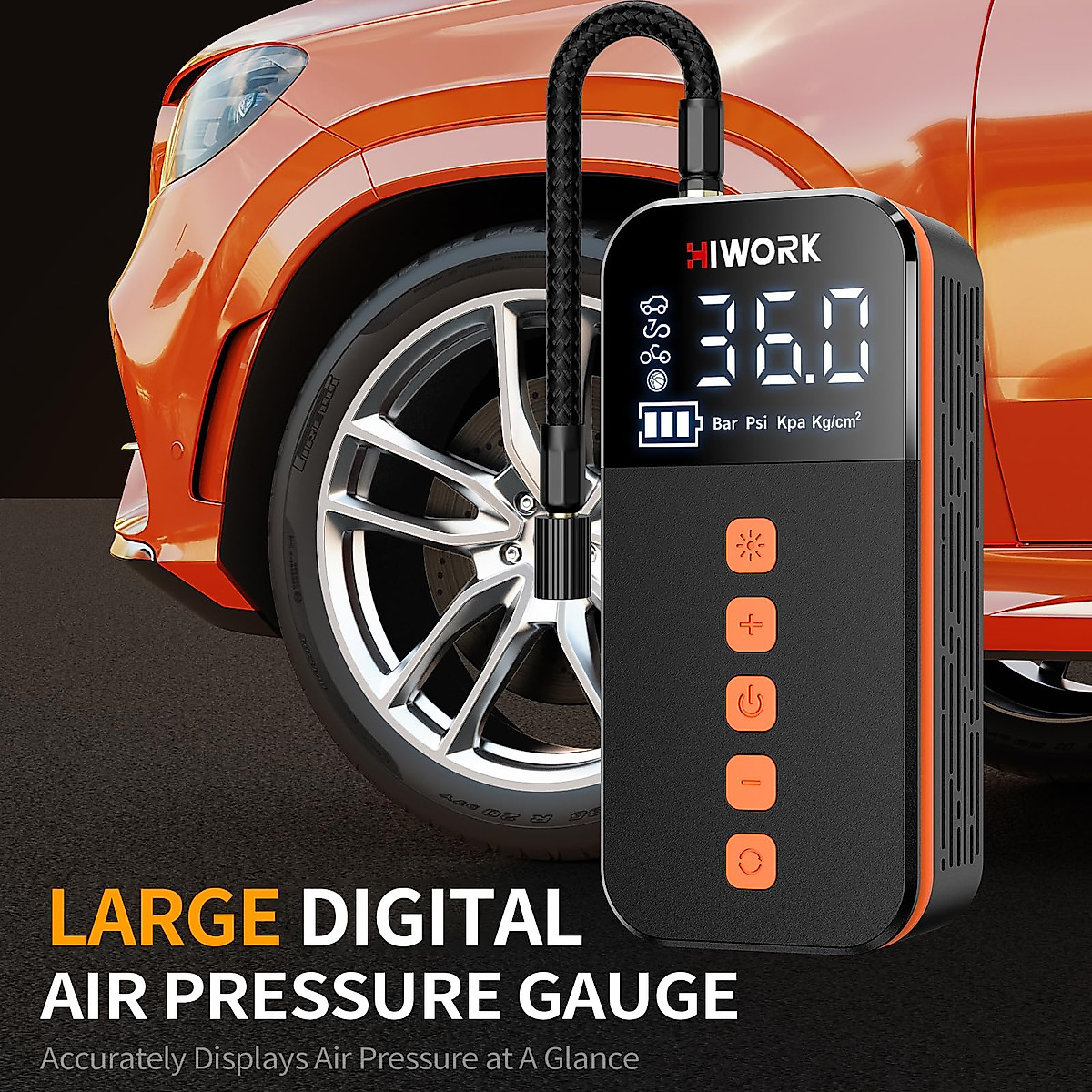 HIWORK 12V Air Compressor, Tire Inflator Portable Air Pump 150 PSI 12V DC Electric Inflator for Car Tires Bikes Balls Balloons and Other Inflatables with Digital Gauge and SOS Light
