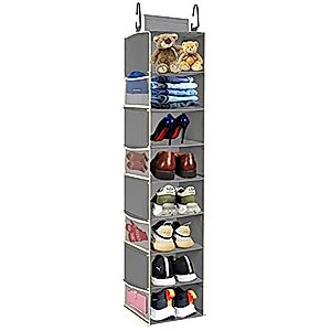 roomtalk Large-Sized Hanging Shoe Organizer 8-Shelves, Hanging Closet Clothes Organizer with 8 Side Pockets, Wider Hanging Shoe Shelves, Shoe Rack Closet, Shoe Hanger 9" W × 11.8" D× 48" H, Grey