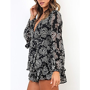 Relipop Women's Romper Floral Print V Neck Baggy Sleeve Waist Tie Layered Ruffle Hem Short Casual Summer Rompers Jumpsuits