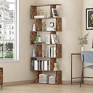 HOMEFORT Wooden Geometric Bookshelf,6-Tier S-Shaped Bookcase,6 Shelf Morden Bookshelves,Unique Freestanding Tall Book Shelf and Book Case for Bedroom and Living Room Home Office,Rustic Brown